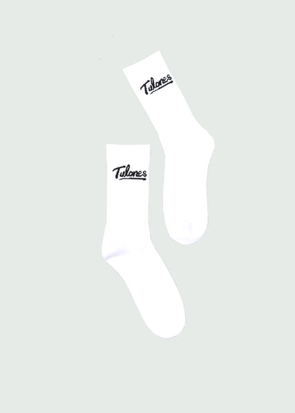 White Cursive Logo Socks – Tulones